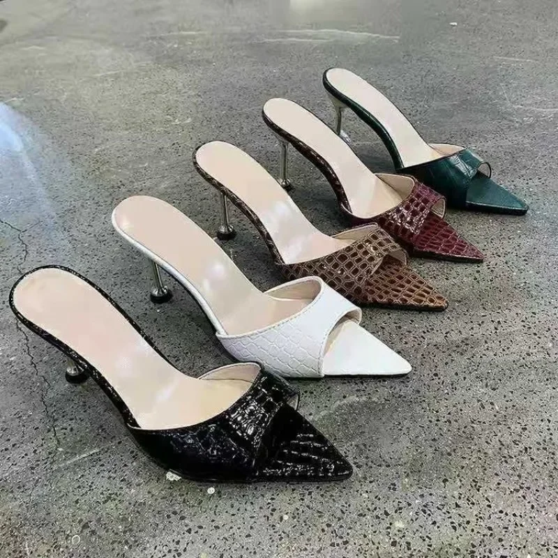Snake Print Strappy Mule Women Thin High Heels Slippers Sandals Pointed ...