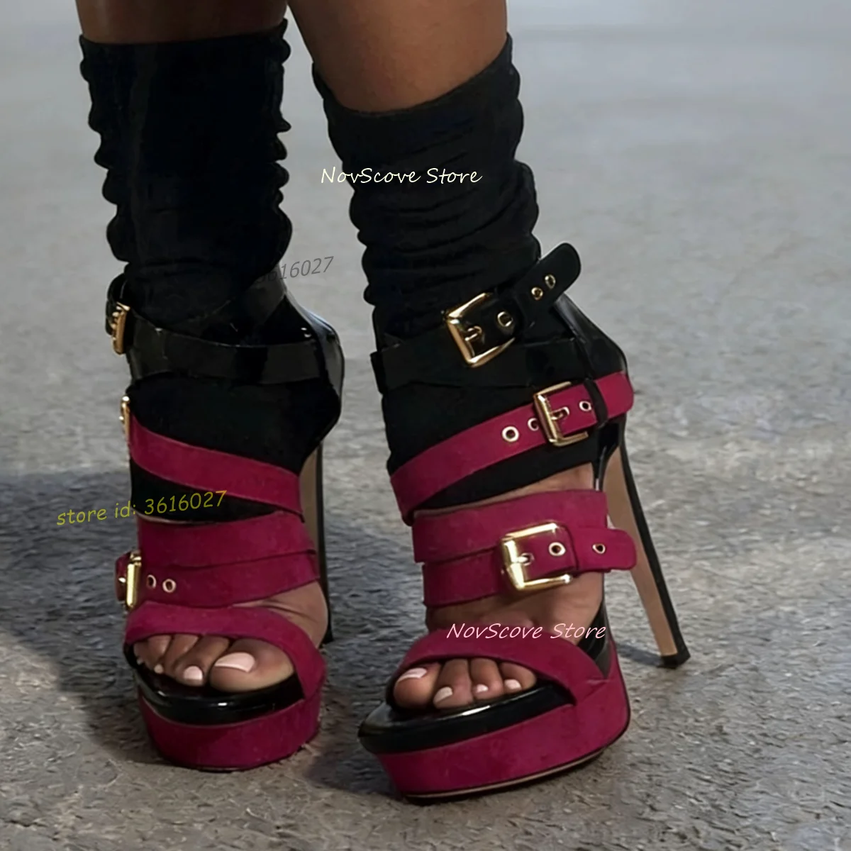 Strappy Platform Sandals Stilt High Heels Multi Belt Buckle Black and ...