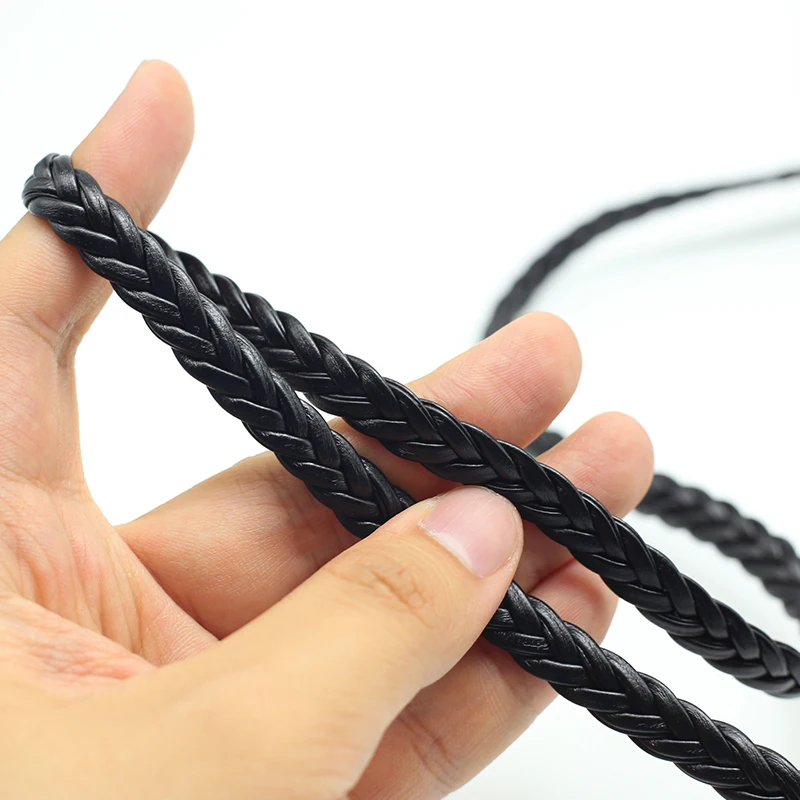 2-m-black-woven-leather-rope-9mm-round-flat-strand-PU-rope-suitable-for ...