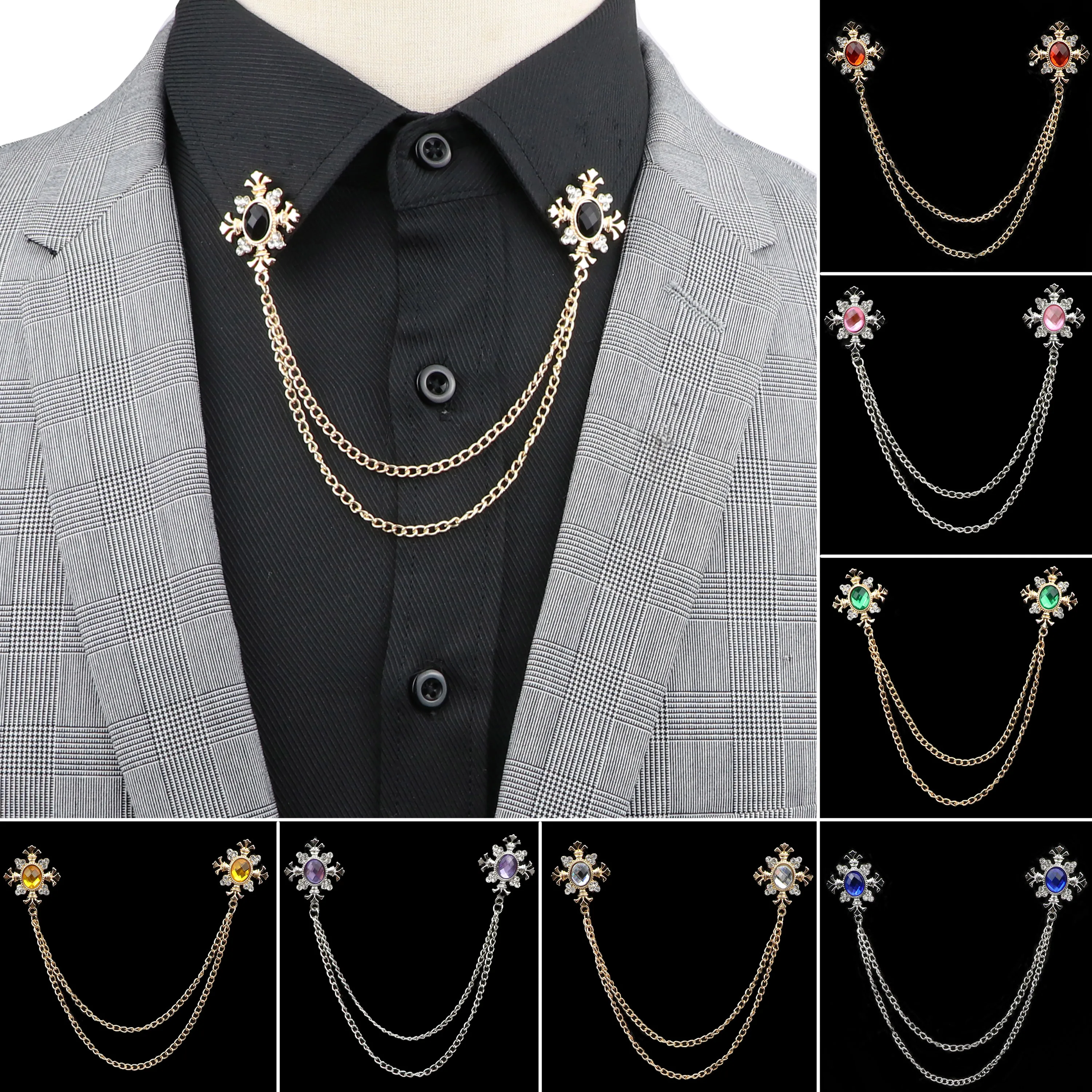 Man-Suit-Shirt-Collar-Tassel-Chain-Lapel-Pin-Crystal-Cross-Rhinestone ...