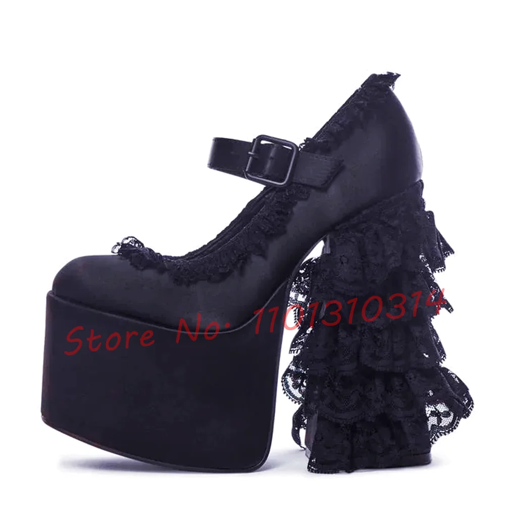 Lace Ruffled Heels Platform Sandals Women Dark Style Black Tall Block ...