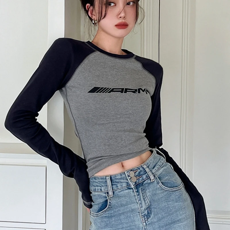 Y2K Crew Neck T-Shirt Women Letter Print Colorblock Top For Spring ...