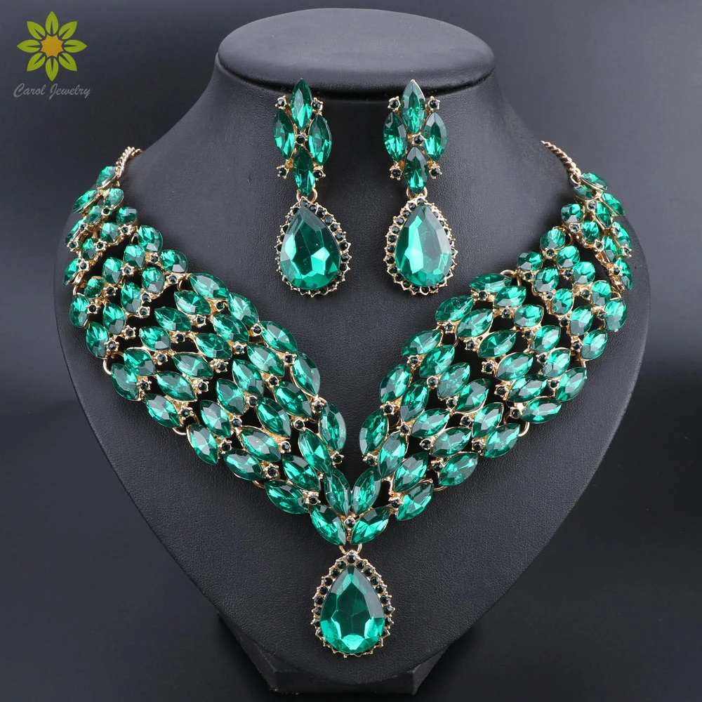 New Green Crystal Statement Necklace Earrings Set Gold Color Jewelry ...