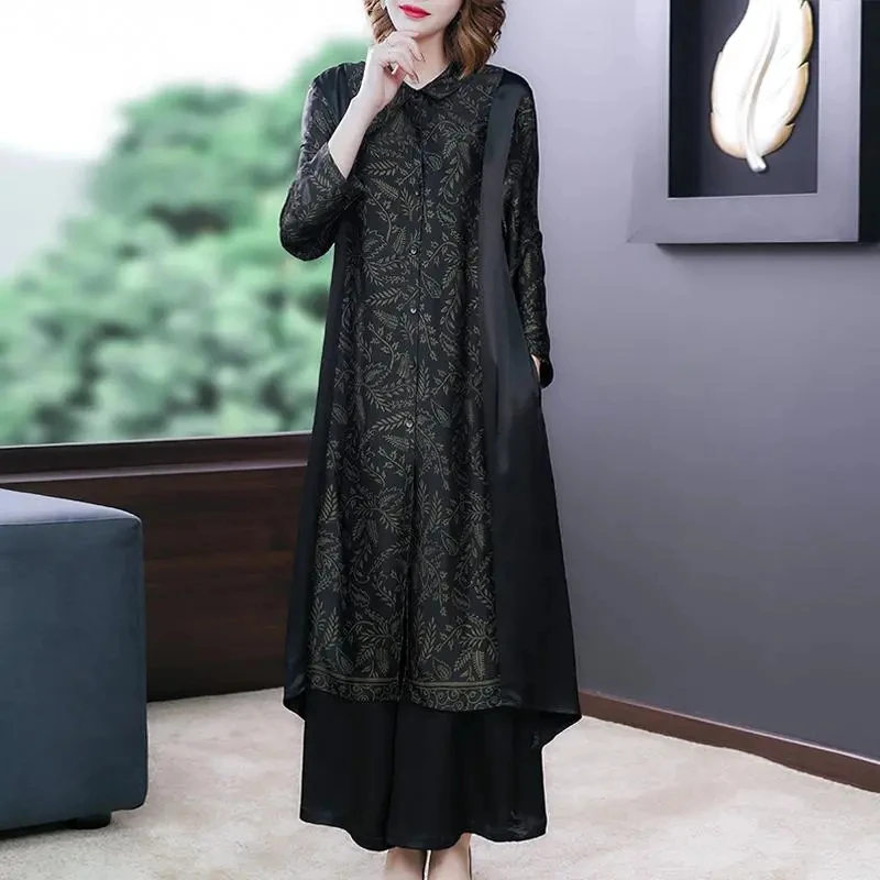 Noble Lady's Silk Tops Wide Leg Pants Two Piece Suits Spring Autumn ...