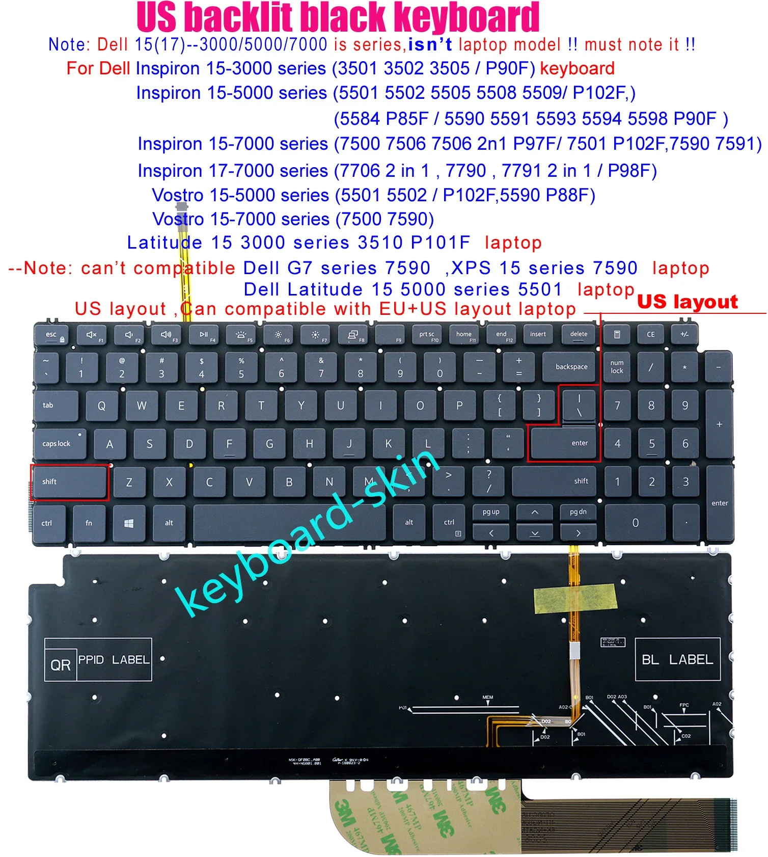 New-US-black-Keyboard-Backlit-for-Dell-Latitude-3510-P101F-Vostro-5501 ...
