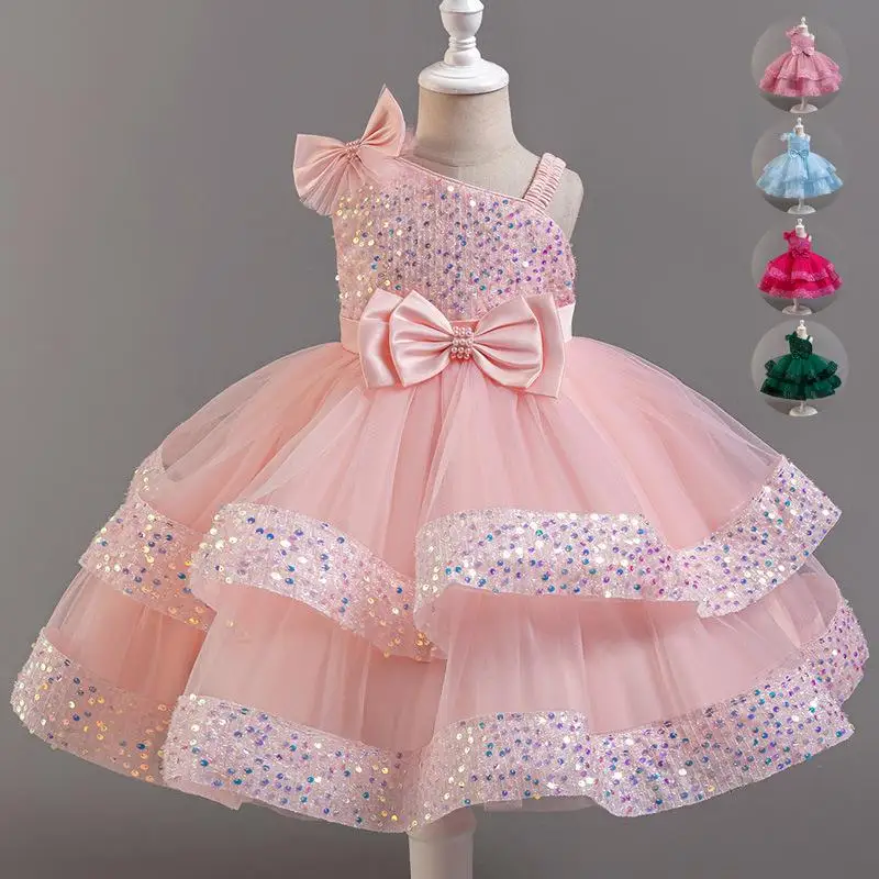 Girl's New Sequined Bow Irregular Collar Mesh Princess Dress Christmas ...