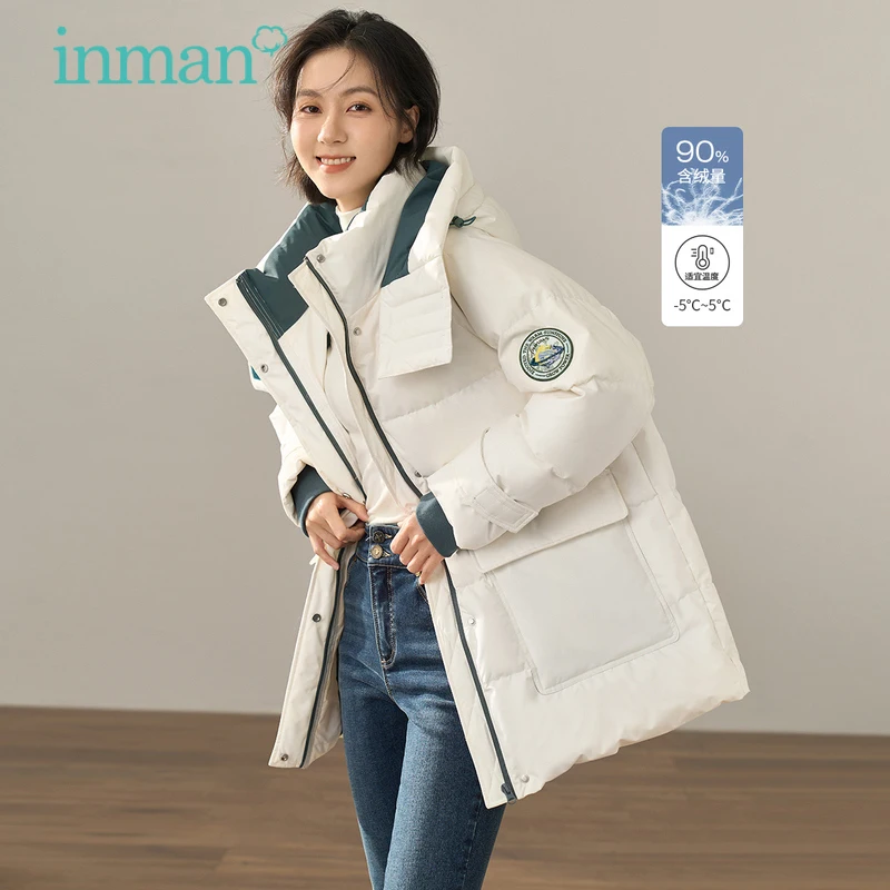 INMAN-Women-Hooded-Down-Jacket-Winter-Long-Sleeve-Stand-Collar-White ...