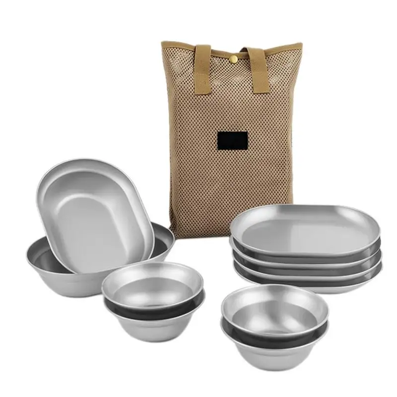 Outdoor Tableware Set 6/8/10PCS Stainless Steel Camping Plates Bowls ...