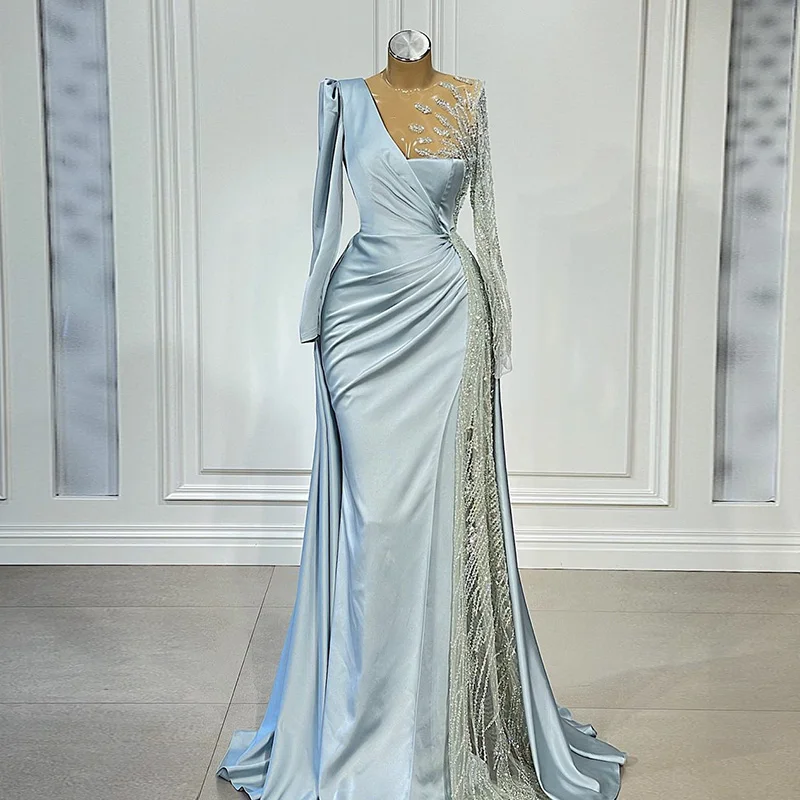 Sharon-Said-robe-de-soir-e-en-Satin-bleu-clair-manches-longues-arabe-l ...