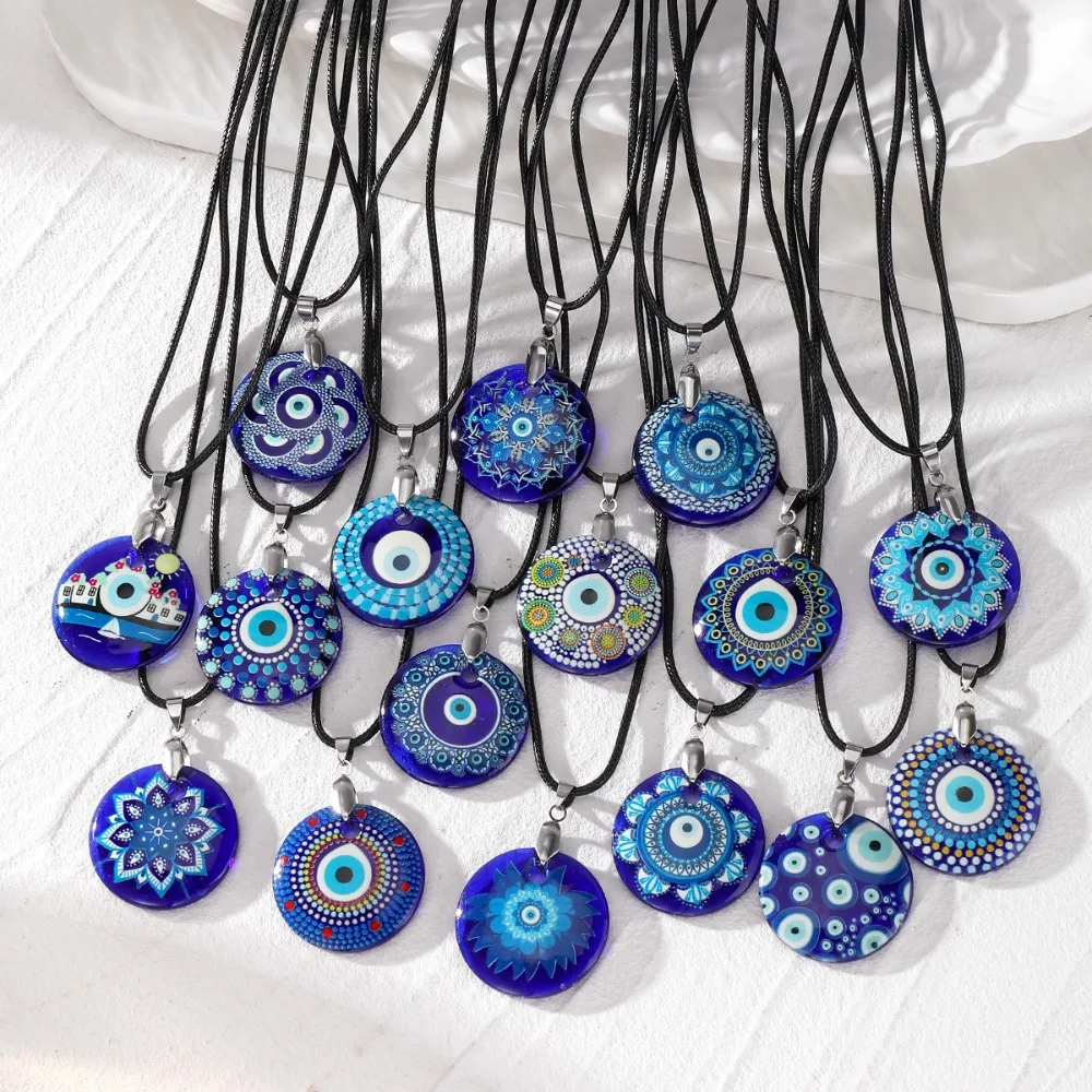15pc-Round-Coloured-Glass-Tribal-Totem-Print-Blue-Evil-Eye-Charms ...