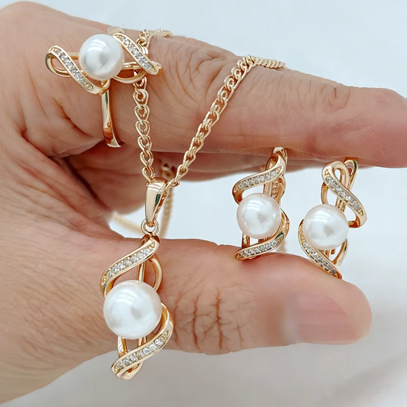 Kinel Luxury 585 Rose Gold Color Pendant Necklace Earrings Ring for ...