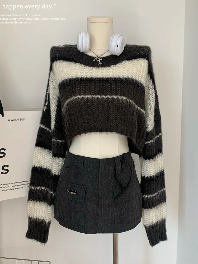 Su-ter-negro-corto-Y2K-para-mujer-Jersey-a-rayas-de-estilo-coreano-Tops ...