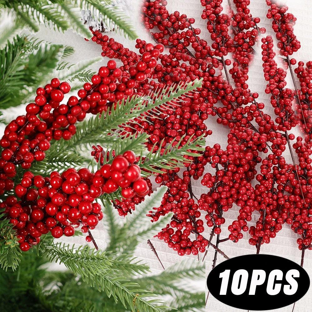 10/1Pcs Artificial Red Berries Christmas Holly Berry Branches Xmas Tree ...