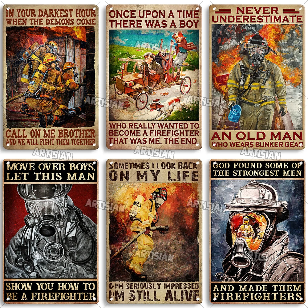 Rusty Firefighter Decorative Plate Vintage Metal Tin Sign Man Cave Caf ...