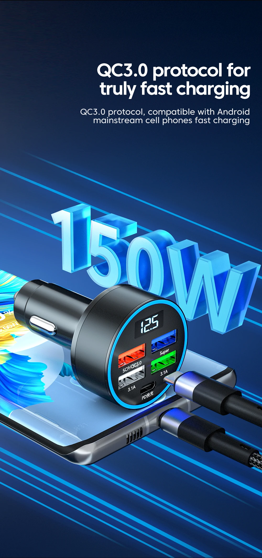 Couleur 120W 4USB Chargeur de voiture 4 en 1 120W USB QC 3.0 ...