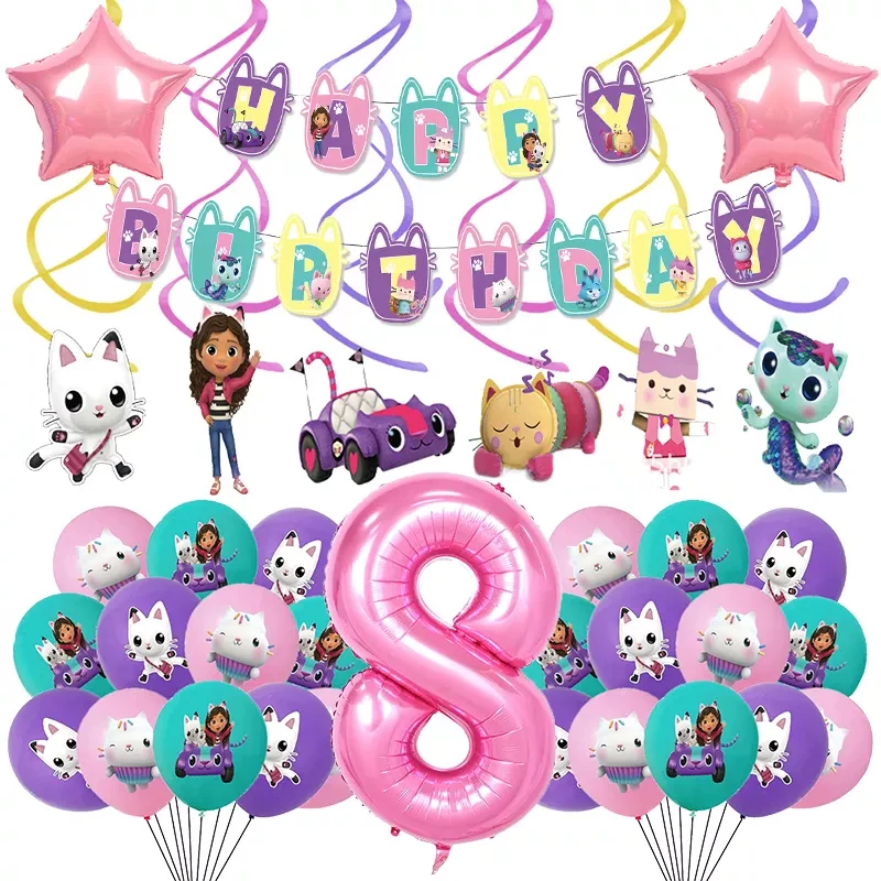 Decoración de fiesta de cumpleaños de casa de muñecas Rosa Gabby, globo de gato Suger, vajilla ...