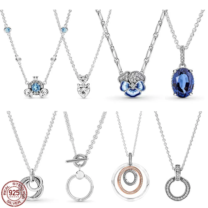 925 Sterling gümüş yeni bayanlar kolye safir çok yuvarlak kolye uyum ...