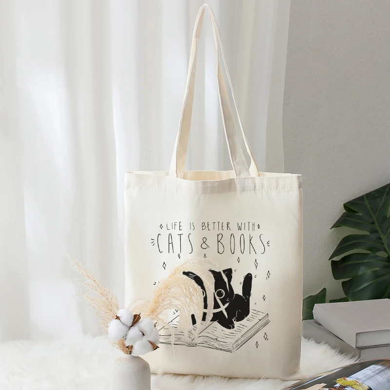 Life Is Better with Cat and Books Pattern Tote Bag Cat Lover Shopper ...