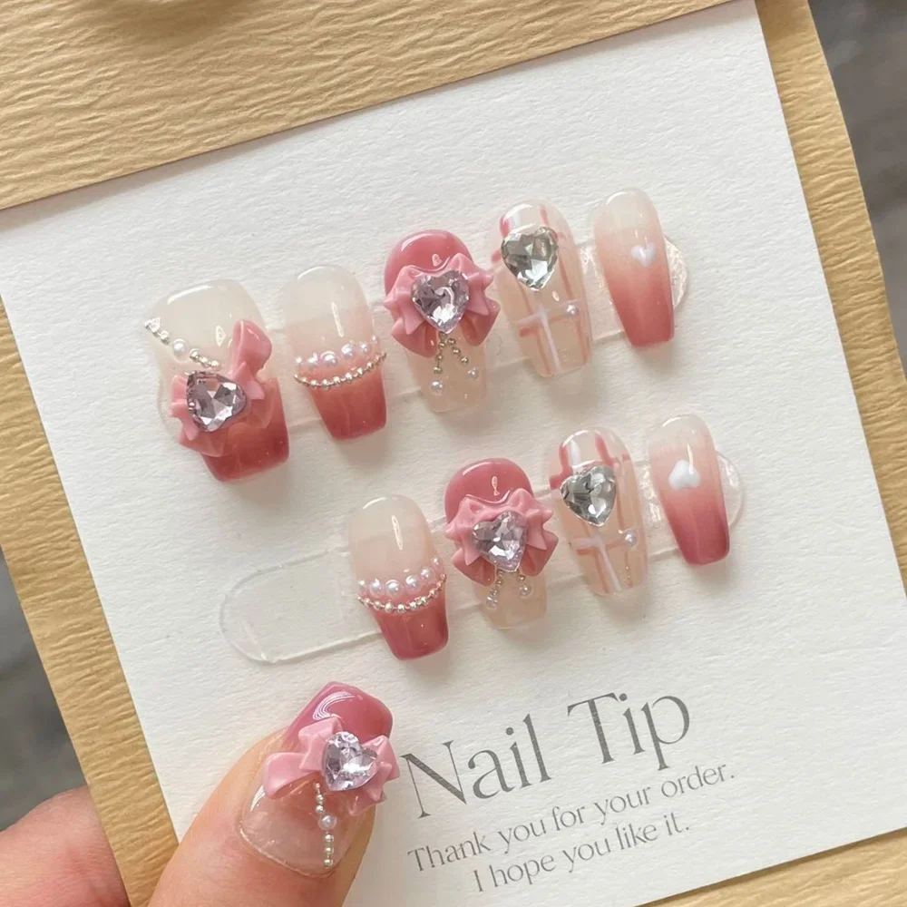 Handmade-Pink-Press-on-Nails-Cute-Korean-Design-Medium-length-Reusable ...
