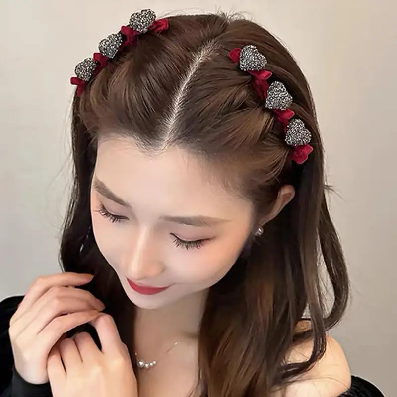 Double Layer Flocked Bangs Side Clip Crystal Love Heart Hair Braiding ...