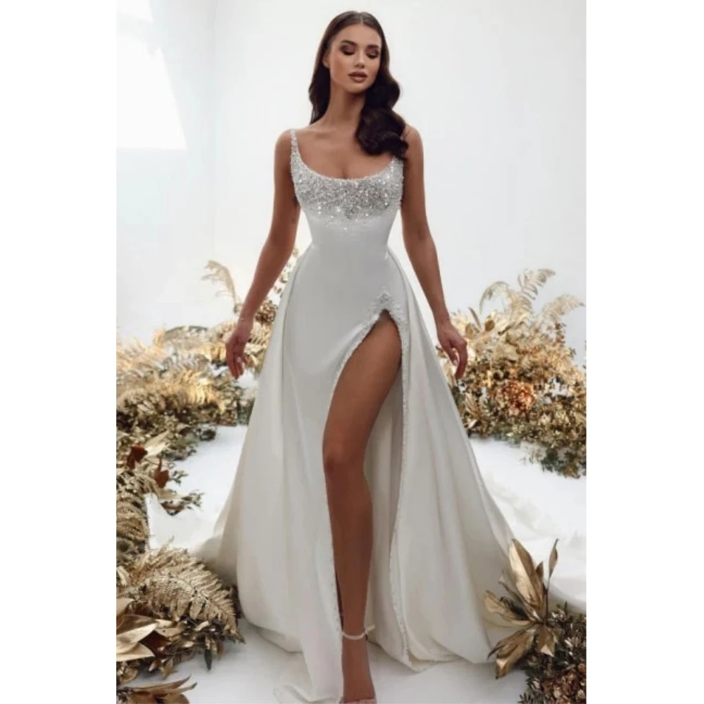 Sexy-Side-Slit-Wedding-Dresses-A-Line-Sparkle-Beading-Sweep-Train-Ball ...