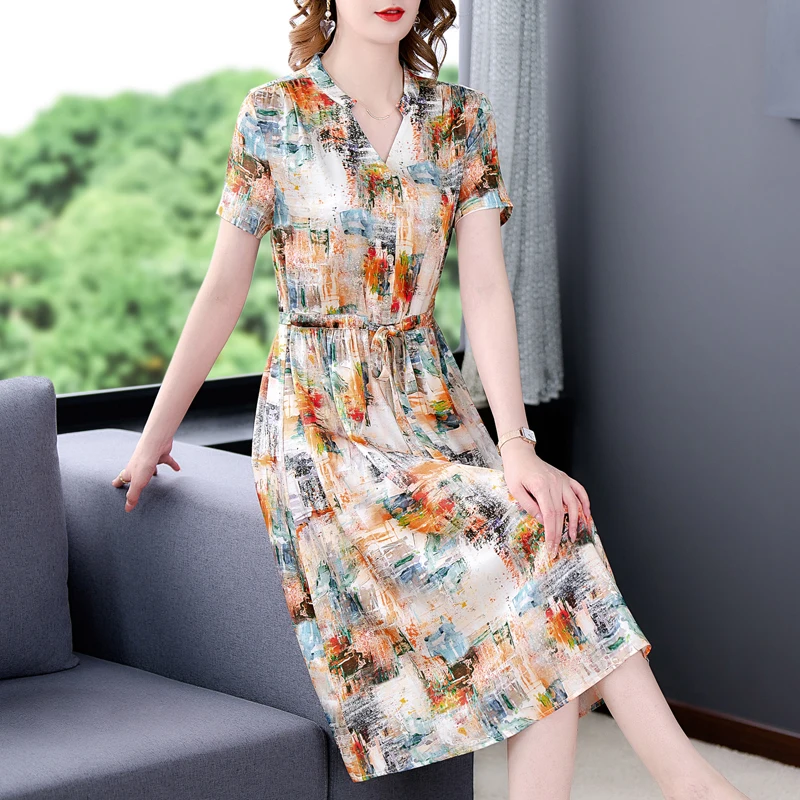 Women-New-Print-Natural-Silk-V-Neck-Midi-Dress-Summer-Short-Sleeve ...