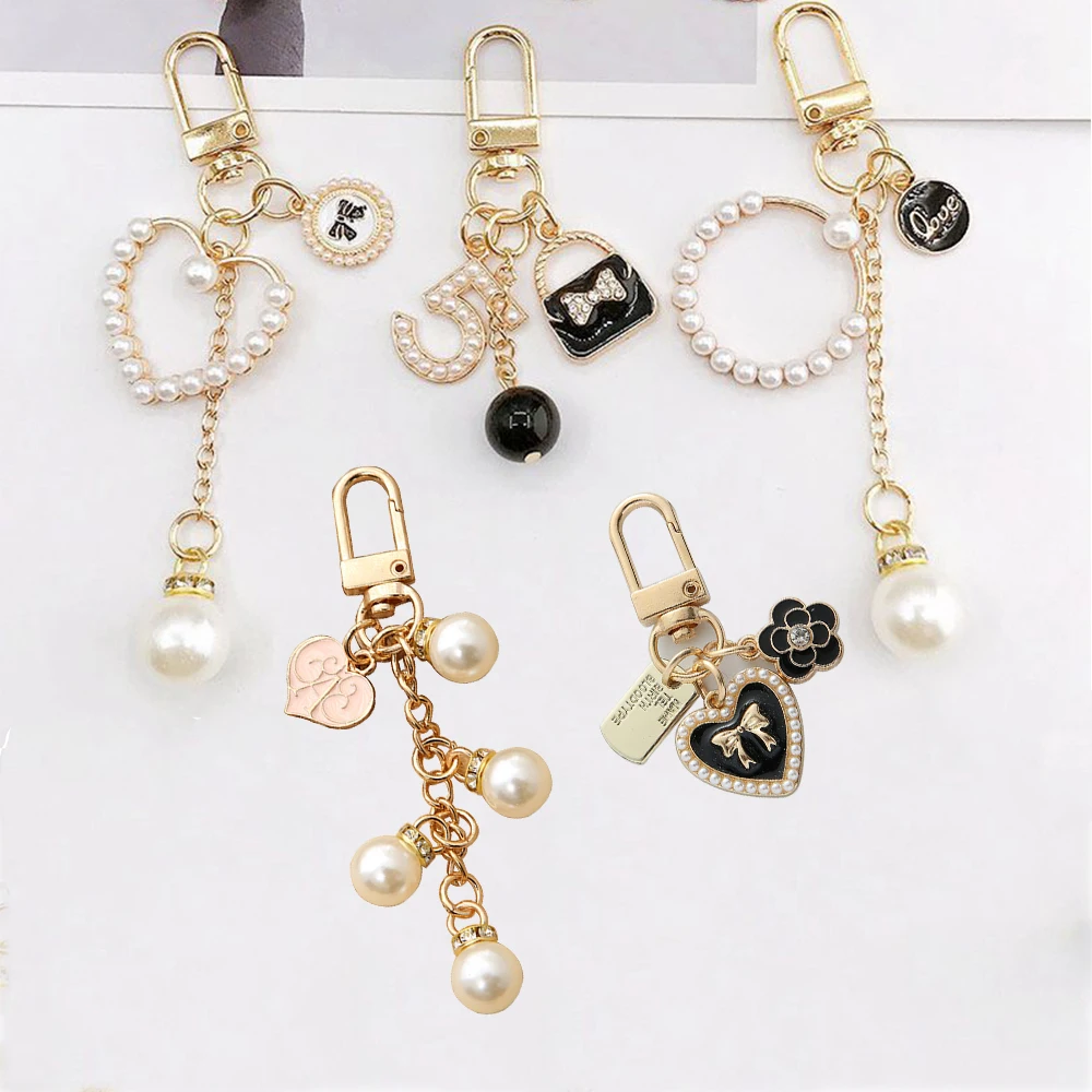 Exquisito llavero de moda con perlas y flores de amor, llavero ...