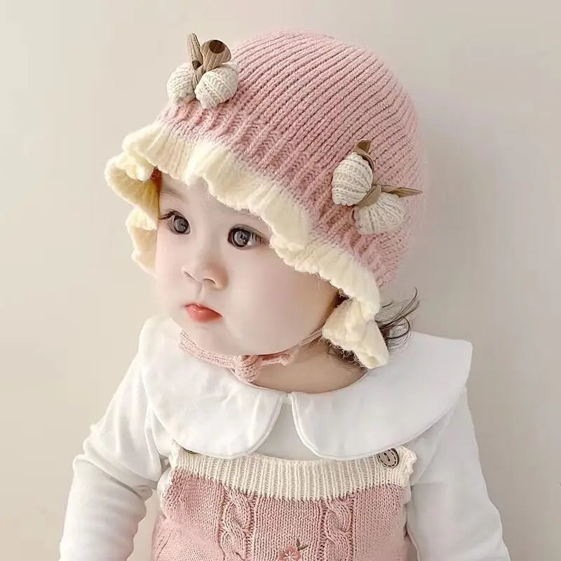 Cute Bow Ruffle Baby Hat Winter Thicken Knitted Warm Infant Lacing Cap ...