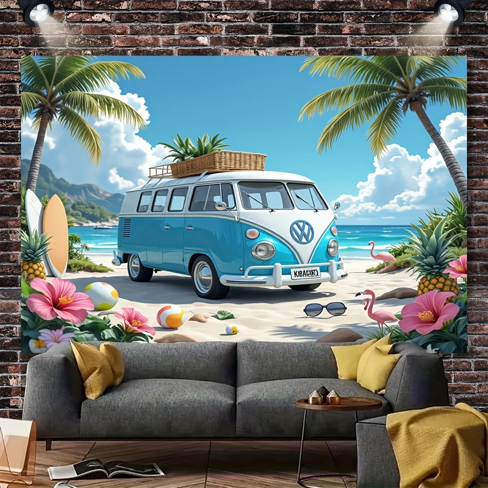 Tropical Beach Van Tapestry - Vibrant Summer Scene with Palm Trees and ...