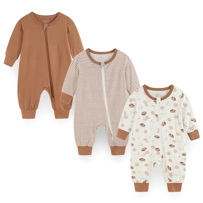 3PCS Cotton Baby Boy Clothes 0-24M Print 2-Way Zipper Newborn Baby Girl ...