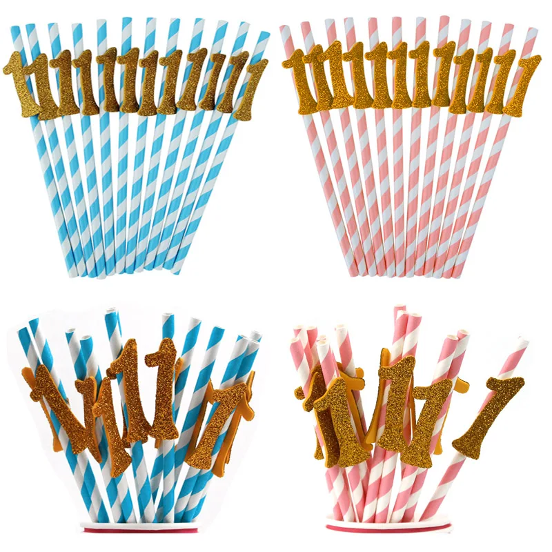 12-24Pcs-Number-1-Straws-Blue-Pink-Striped-Paper-Disposable-Tableware ...