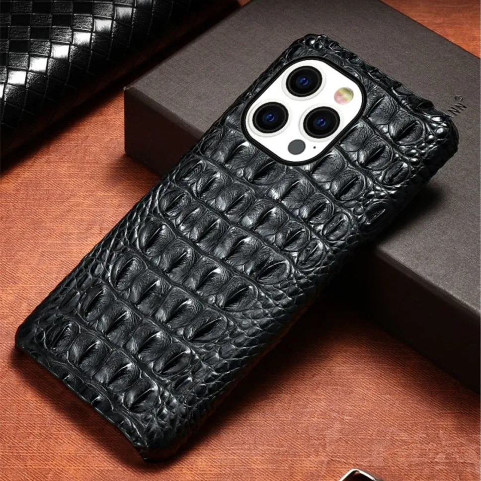 Genuine-Crocodile-Back-Bone-Leather-Phone-Case-For-iPhone-15-14-13-Pro ...
