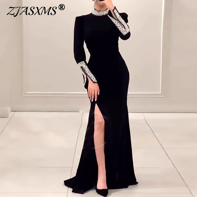 Women Fashion Round Neck Beading Long Dress Spring Solid Slim Fit ...