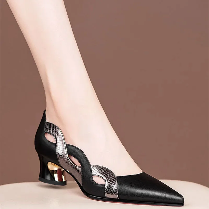 Female Fashion Sweet Black Real Leather Spring & Autumn High Heel Shoes ...