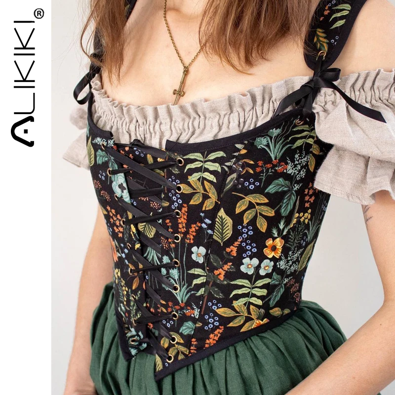 Estampa floral do vintage corset feminino laço acima de buister ...
