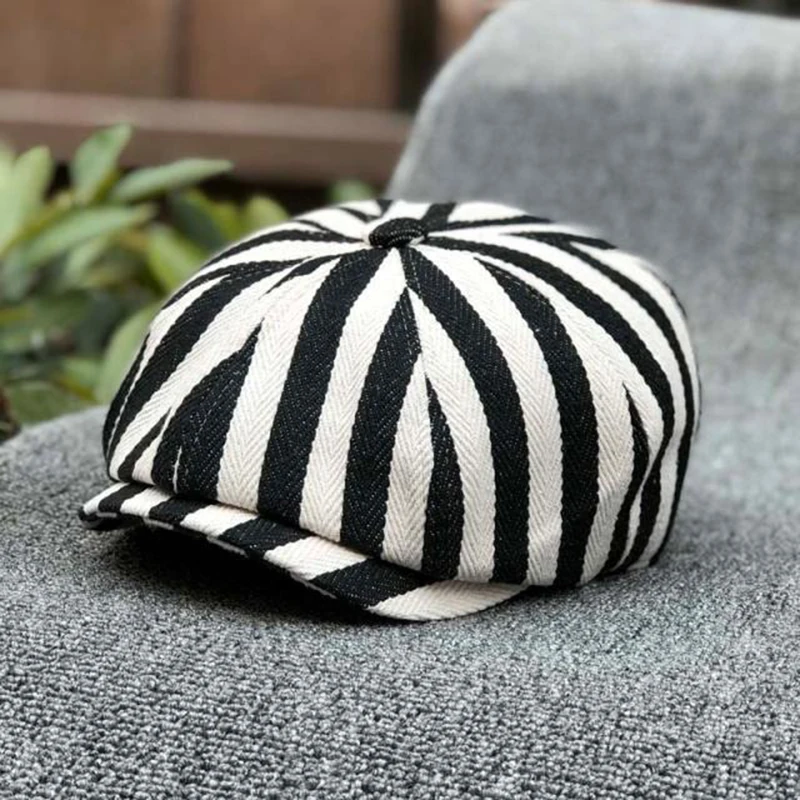 Newsboy-Hat-Cotton-Striped-Octagonal-CapPainter-Hat-Black-Red-Khaki ...