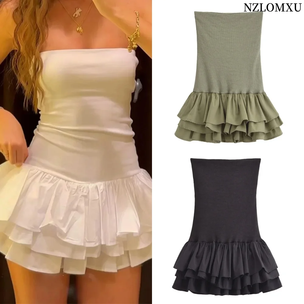 Off-Shoulder-Strapless-Mini-Dress-Knitted-Ruffle-Black-White-Dress ...