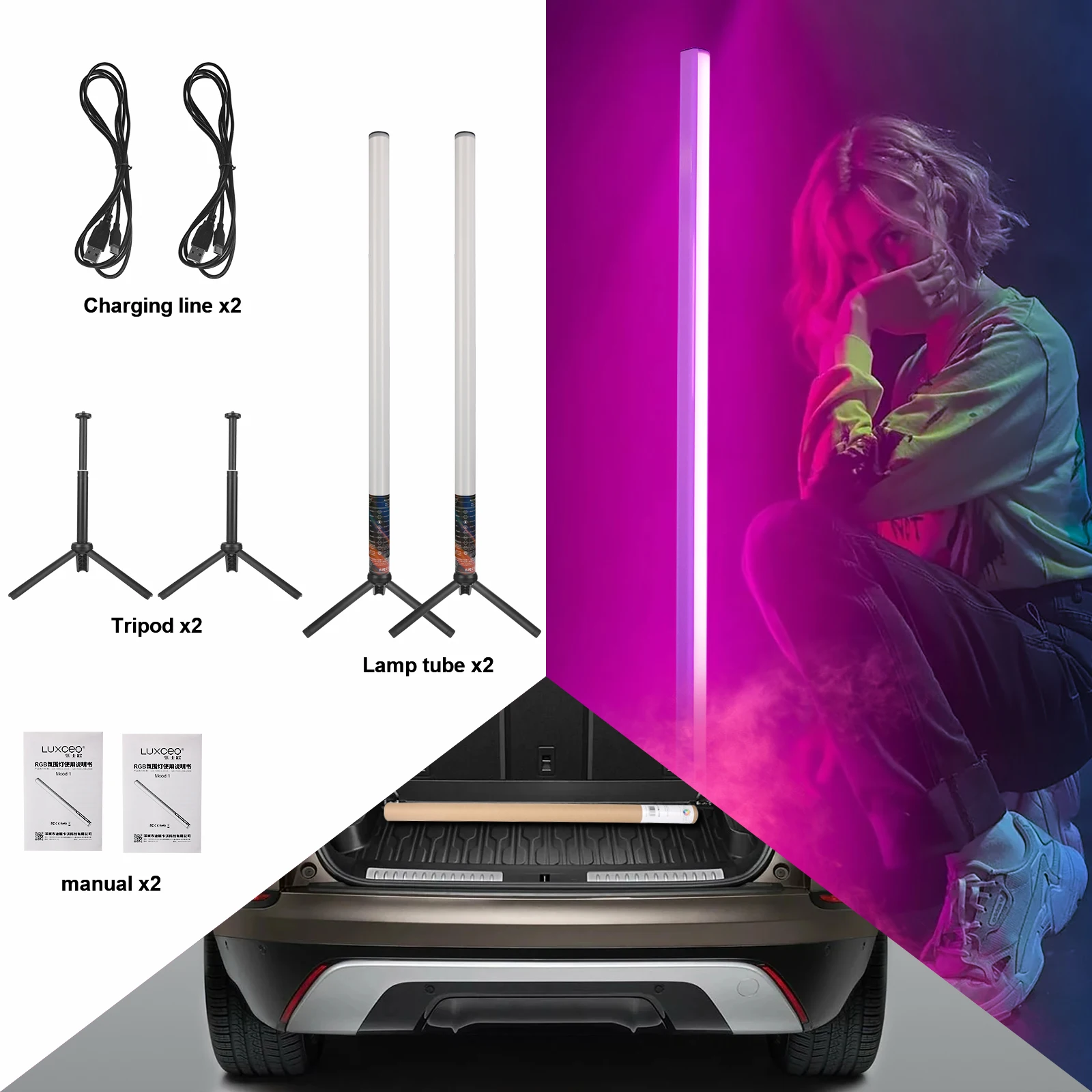 LUXCEO-2PCS-85cm-LED-Mood-Light-with-Tripod-RGB-Stick-Atmosphere-Tube ...