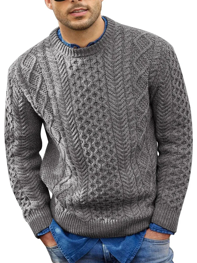 Men Vintage Round Neck Solid Color Male Fit Knitted Pullover Loose Sweaters