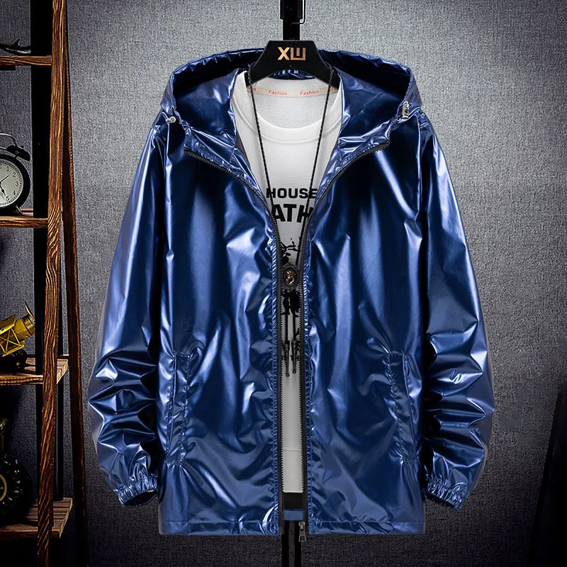 Men-Shiny-Jacket-Shiny-Silver-Bright-Hooded-Zipper-Bomber-Jacket-Autumn ...