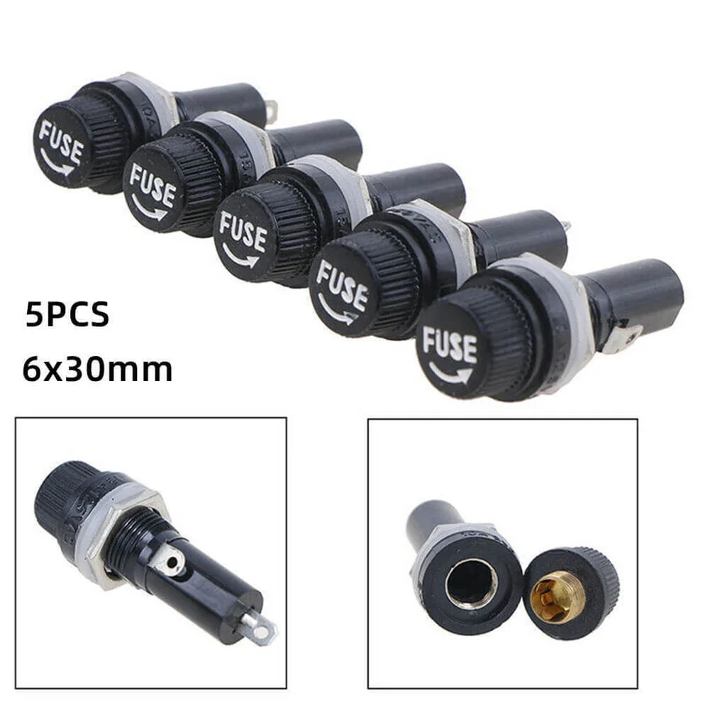 5PCS-Panel-Mount-Chassis-Black-Fuse-Holder-For-6x30mm-Glass-Fuses-10A ...