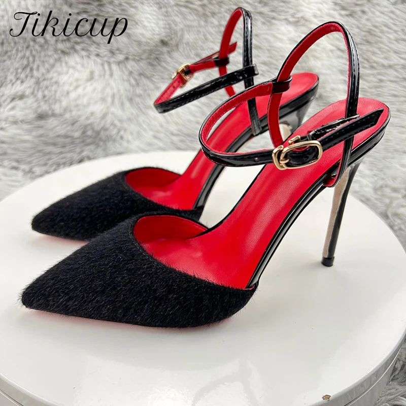 Tikicup-Hairy-Black-Flock-Women-Pointy-Toe-Backless-High-Heel-Shoes ...