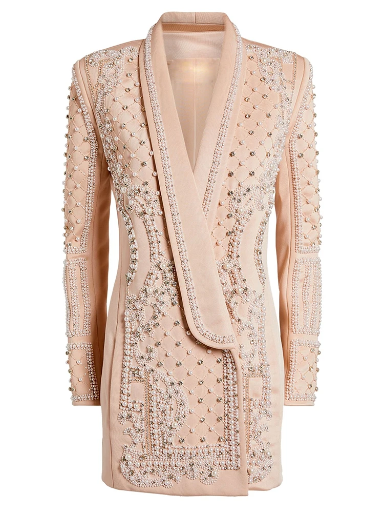 Vestido-Blazer-con-cuentas-de-perlas-y-diamantes-para-mujer-cuello-chal ...