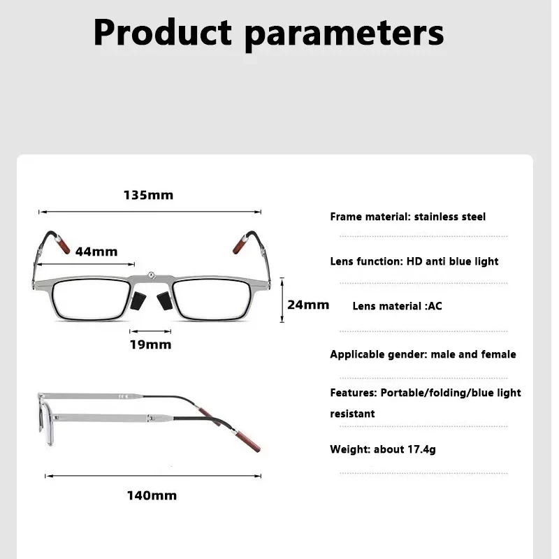 Flat-Fold Lightweight Anti-Blue Light Reading Glasses with Protective