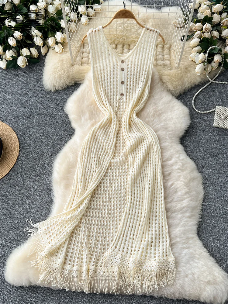 SINGREINY-Tassel-Knitting-Dress-Women-Summer-Sleeveless-Hollow-Out-V-Neck-Laides-Button-Design ...