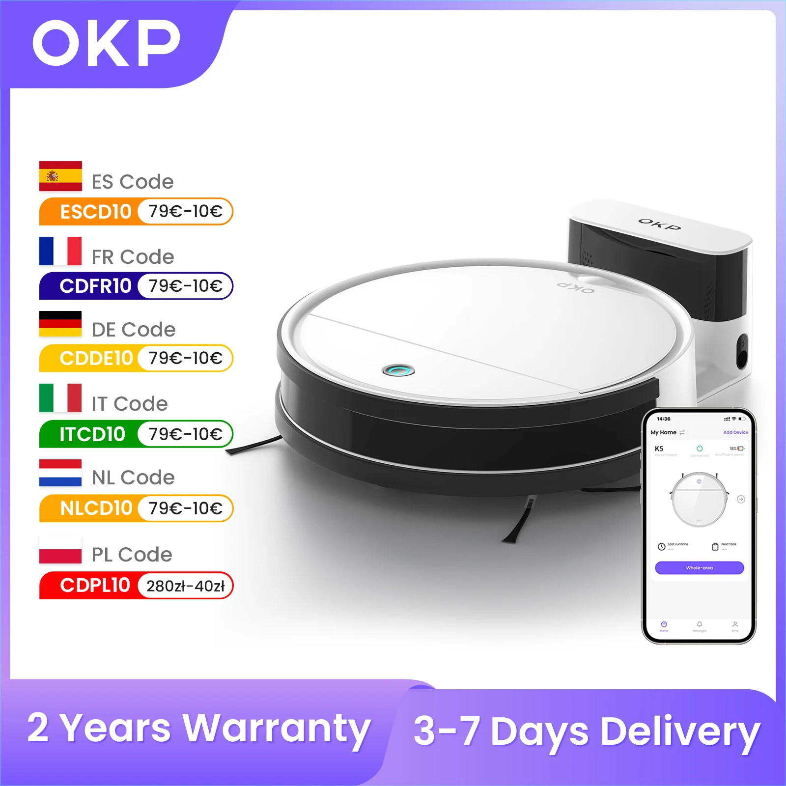 OKP K5 Robot Vacuum Cleaner 2500Pa, 120 Min Runtime, WiFi/App/Alexa ...