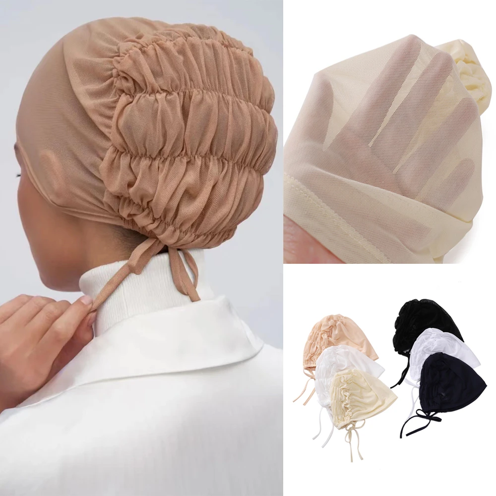 Stretch Breathable Turban Caps Mesh Lace Up Bottoming Bonnet Tie Rope ...