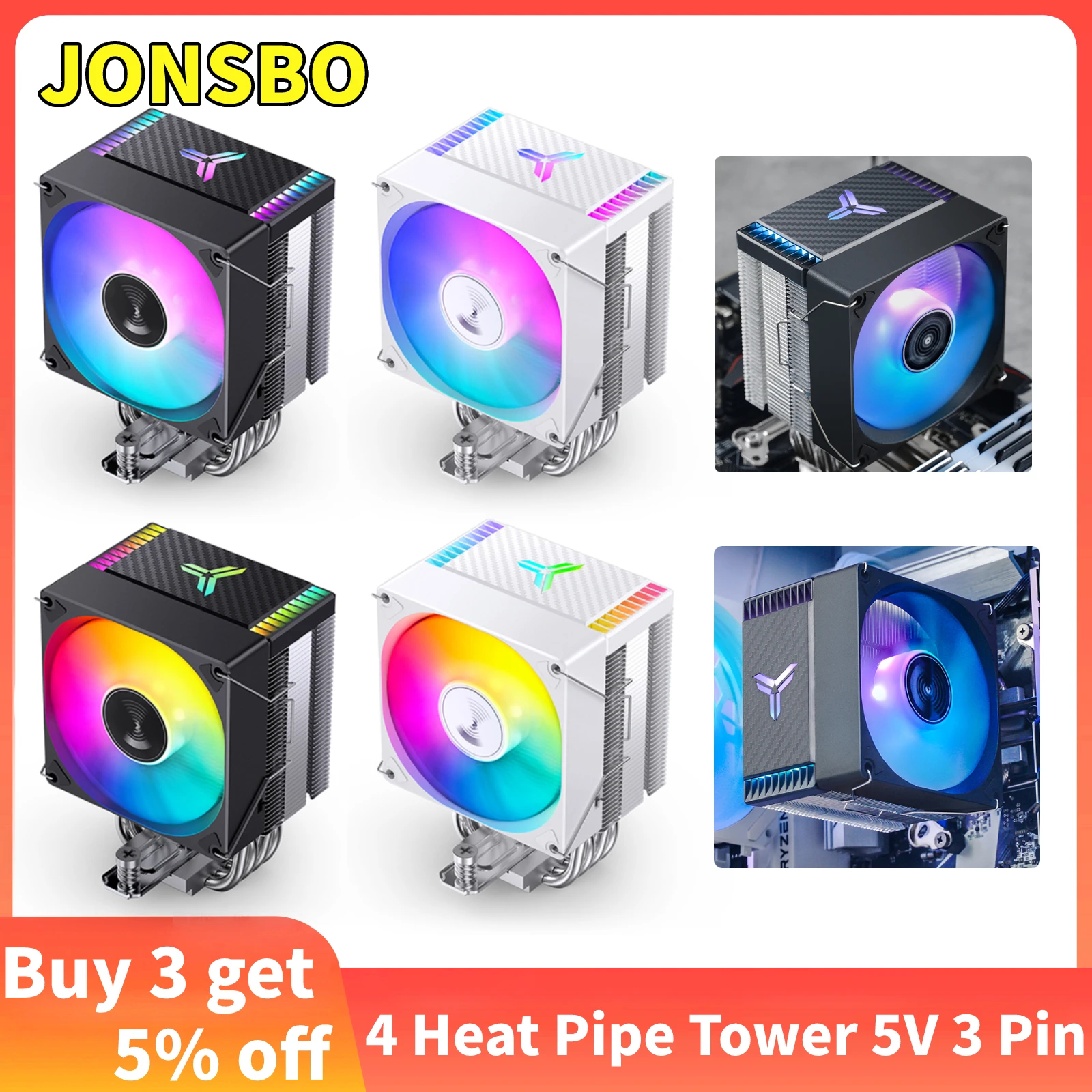 JONSBO CR 1400 ARGB 4 Heat Pipe Tower 5V 3 Pin CPU Cooler ITX Air ...