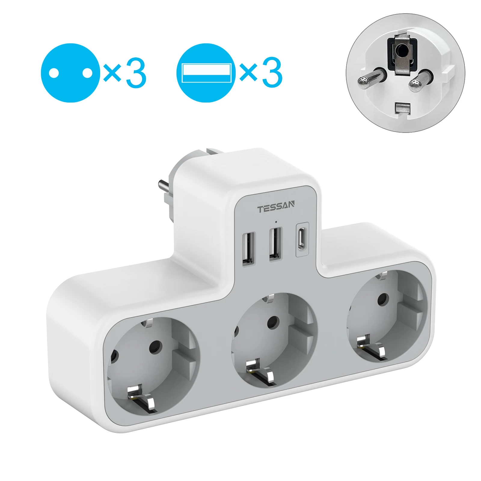Tessan – Extension De Prise Murale Ue, Avec 3 Prises Ca Et 3 Ports Usb ...