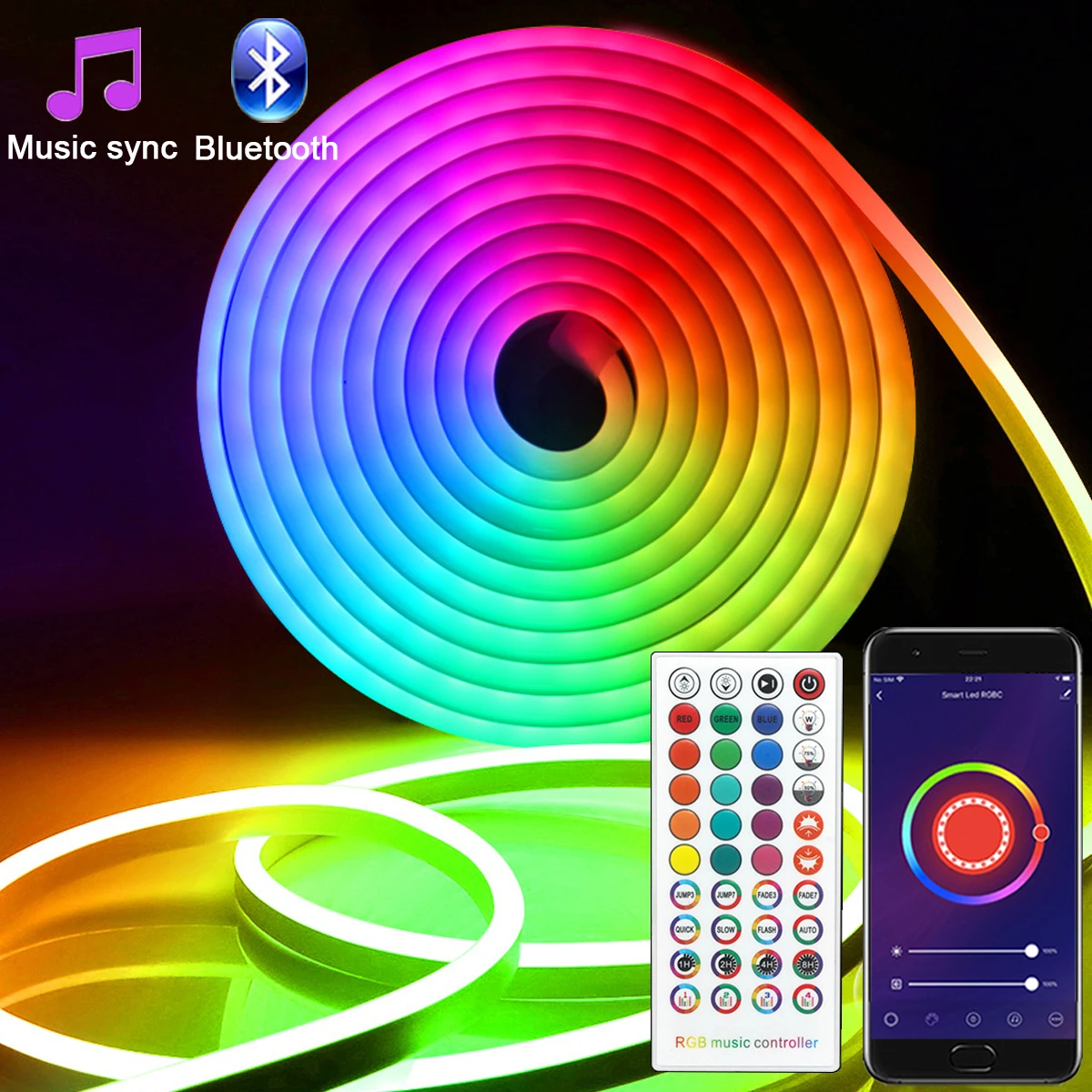 DC 12V RGB Led Neon Strip Light with Remote, Music Sync Waterproof Neon ...